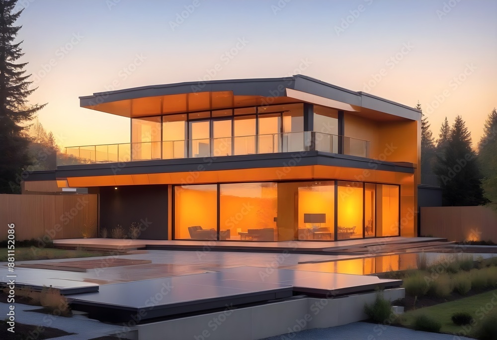 A modern two-story house with a flat roof, solar panels on the roof ...