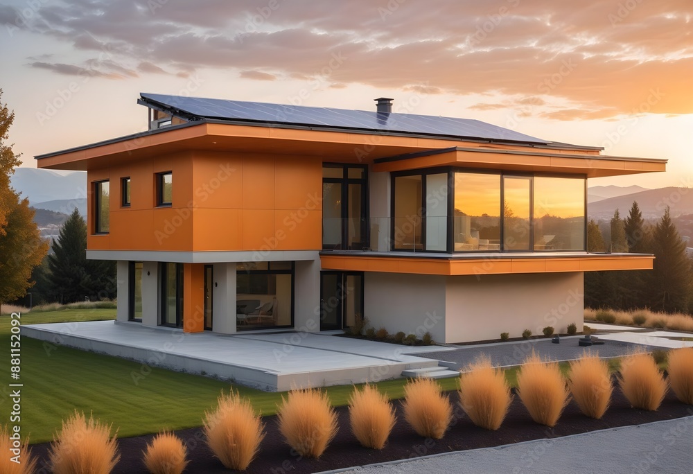 A modern two-story house with a flat roof, solar panels on the roof ...