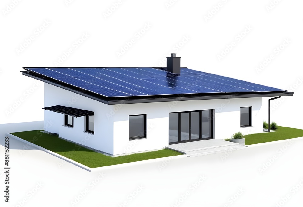 A modern two-story house with a flat roof, solar panels on the roof ...