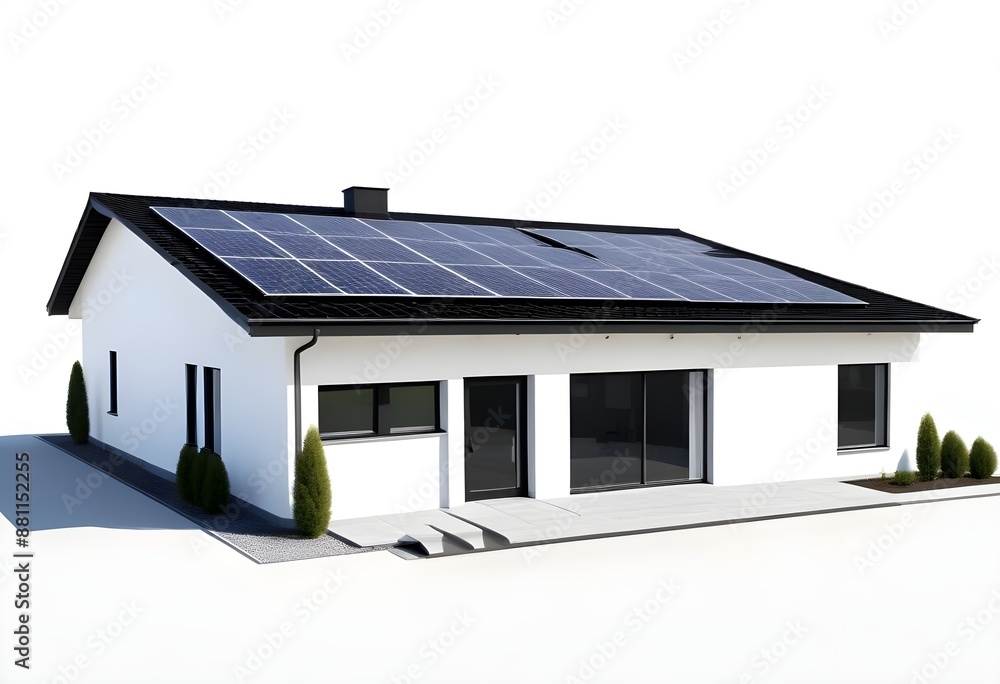 A modern two-story house with a flat roof, solar panels on the roof ...