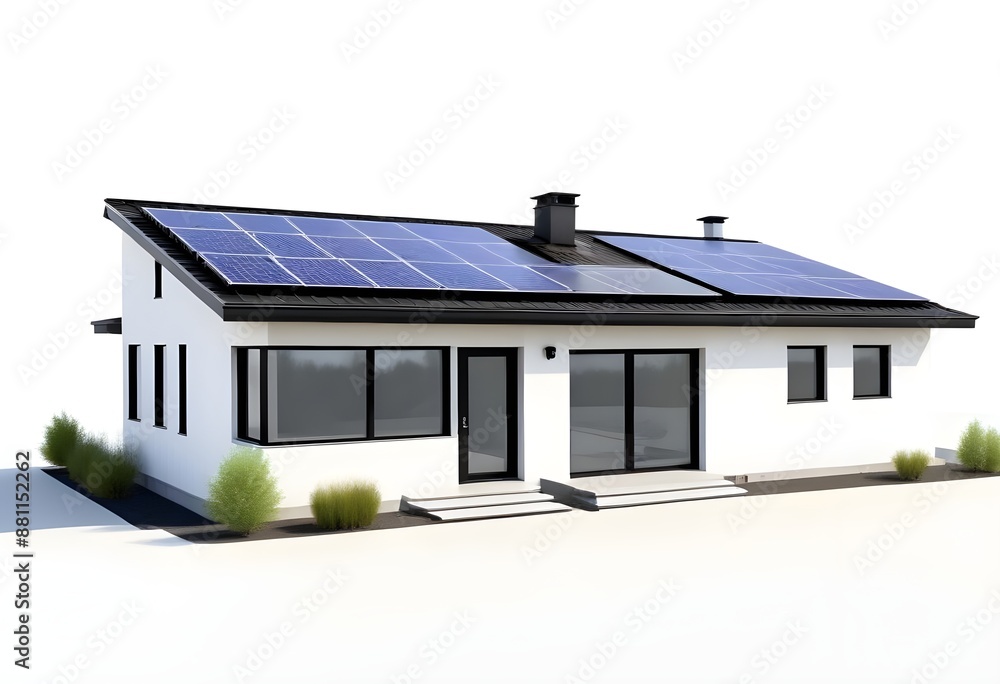 A modern two-story house with a flat roof, solar panels on the roof ...