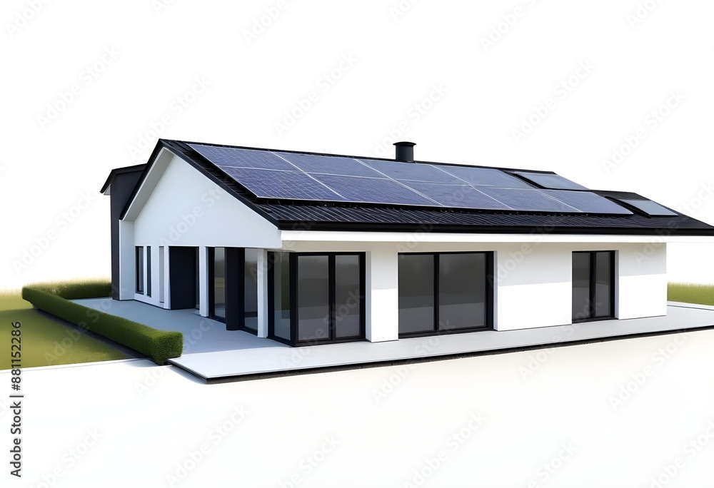 A modern two-story house with a flat roof, solar panels on the roof ...