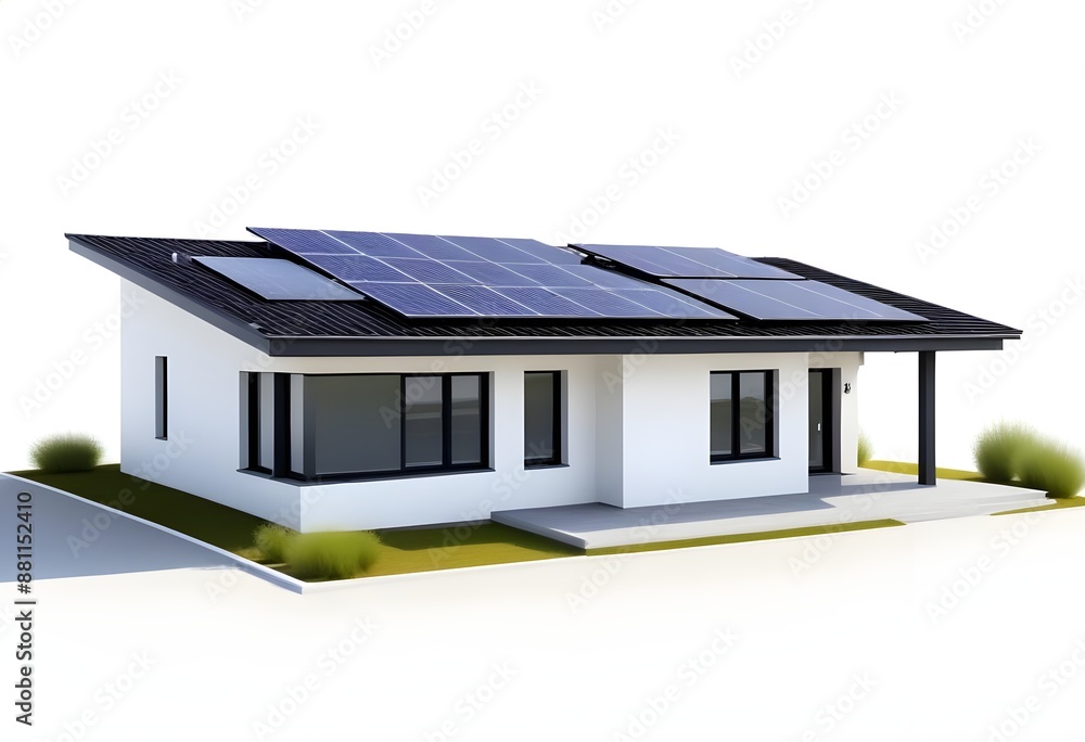 A modern two-story house with a flat roof, solar panels on the roof ...