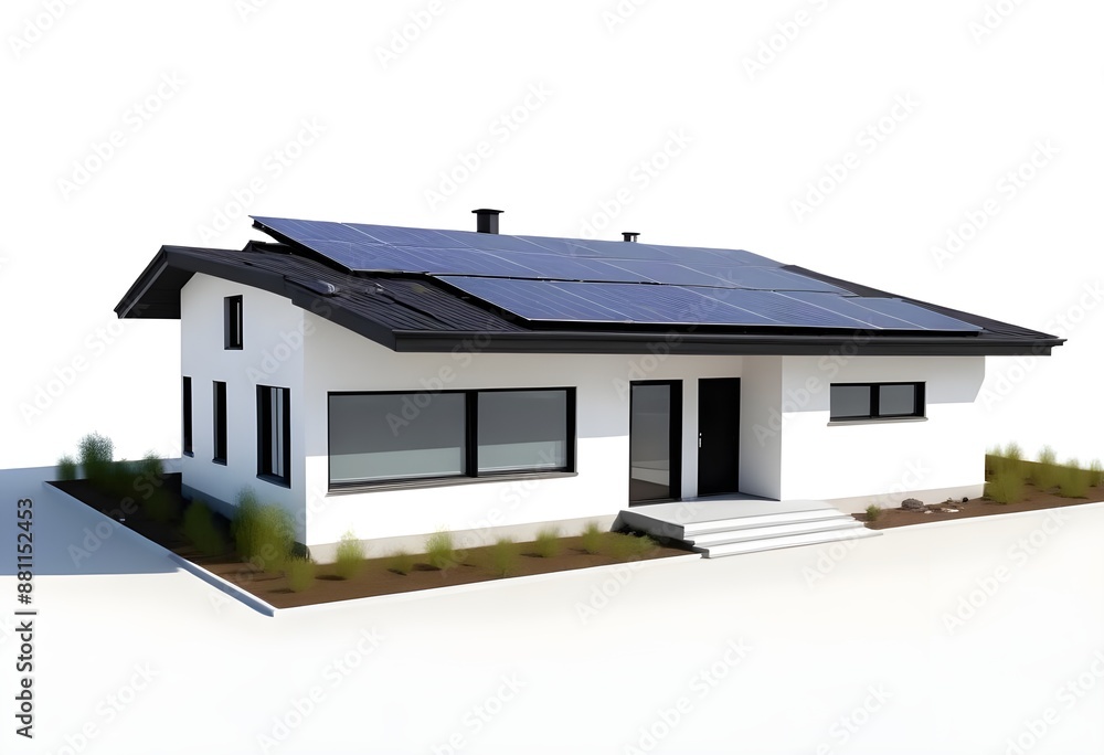 A modern two-story house with a flat roof, solar panels on the roof ...