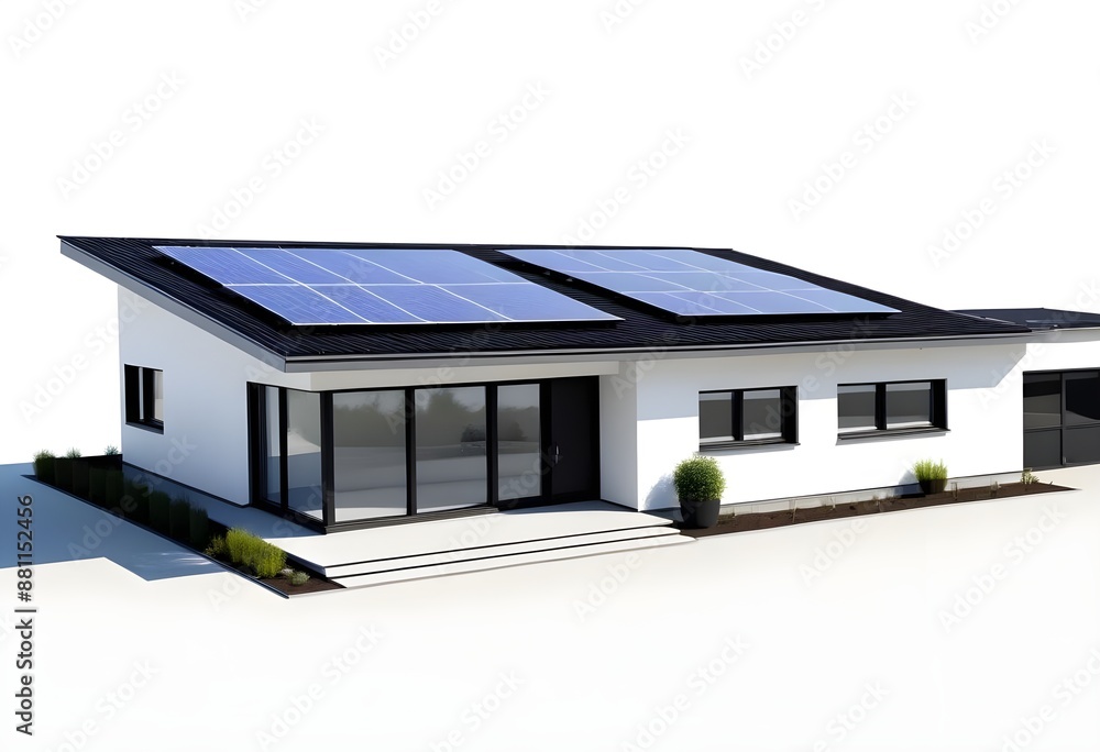 A modern two-story house with a flat roof, solar panels on the roof ...