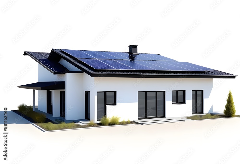 A modern two-story house with a flat roof, solar panels on the roof ...