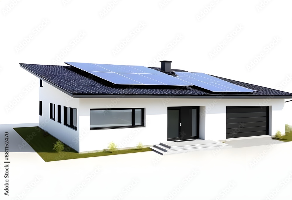 A modern two-story house with a flat roof, solar panels on the roof ...