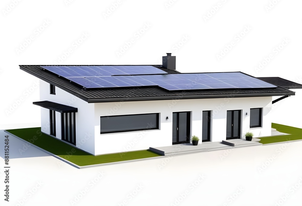 A modern two-story house with a flat roof, solar panels on the roof ...