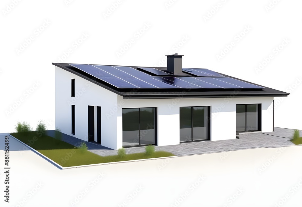 A modern two-story house with a flat roof, solar panels on the roof ...