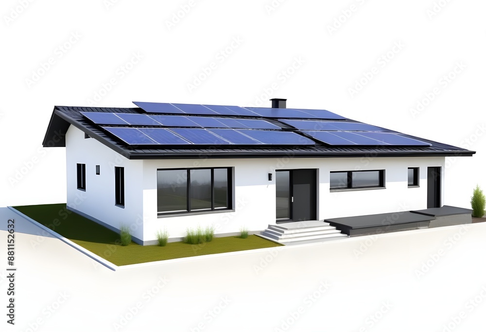 A modern two-story house with a flat roof, solar panels on the roof ...