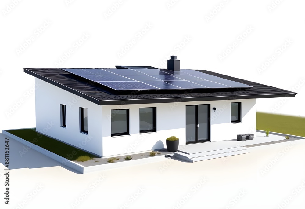 A modern two-story house with a flat roof, solar panels on the roof ...