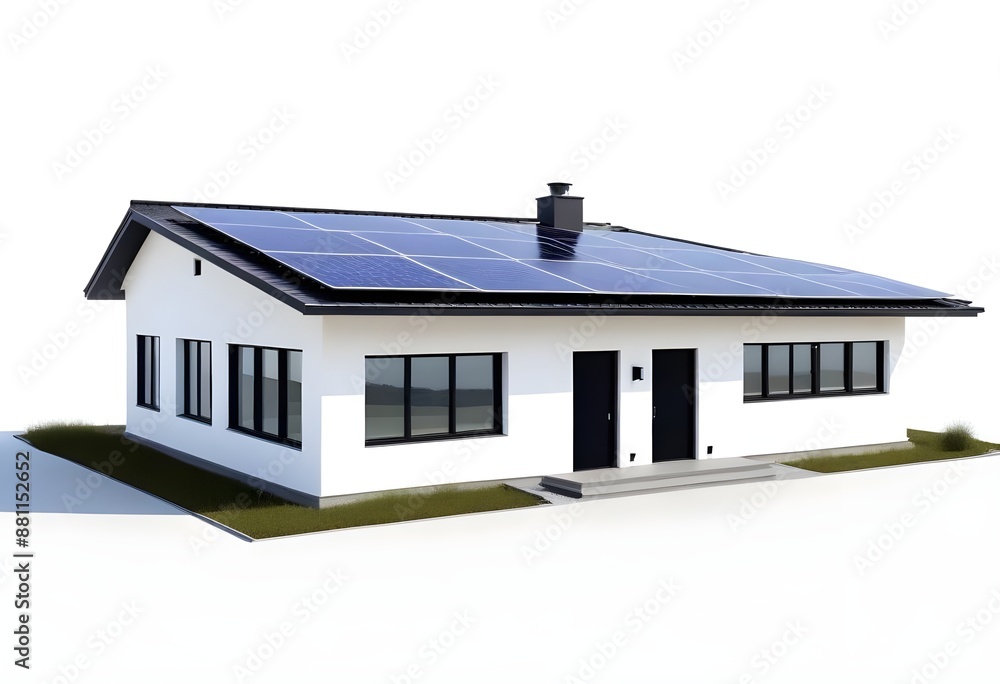 A modern two-story house with a flat roof, solar panels on the roof ...