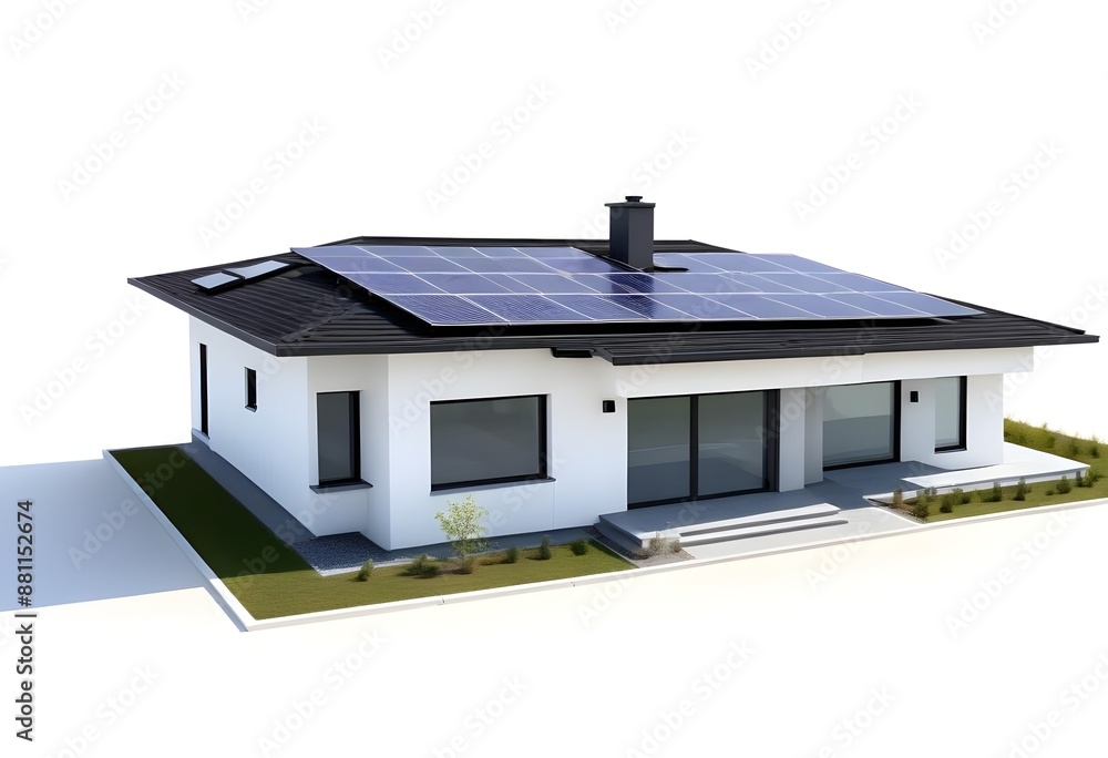 A modern two-story house with a flat roof, solar panels on the roof ...