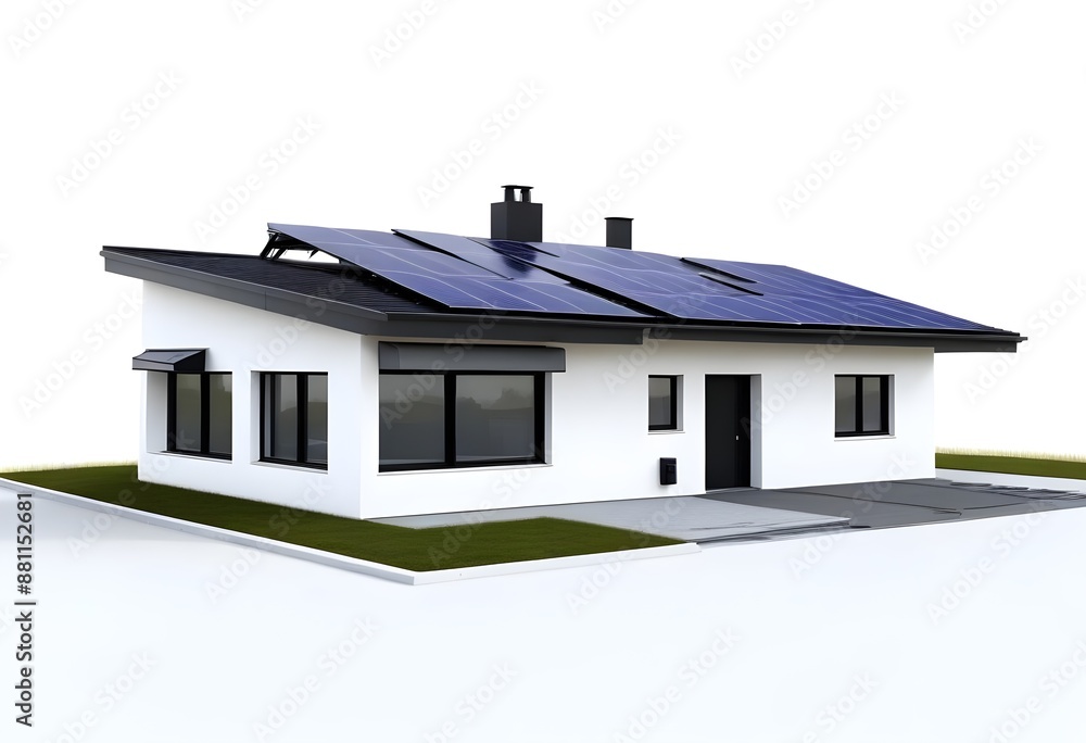 A modern two-story house with a flat roof, solar panels on the roof ...