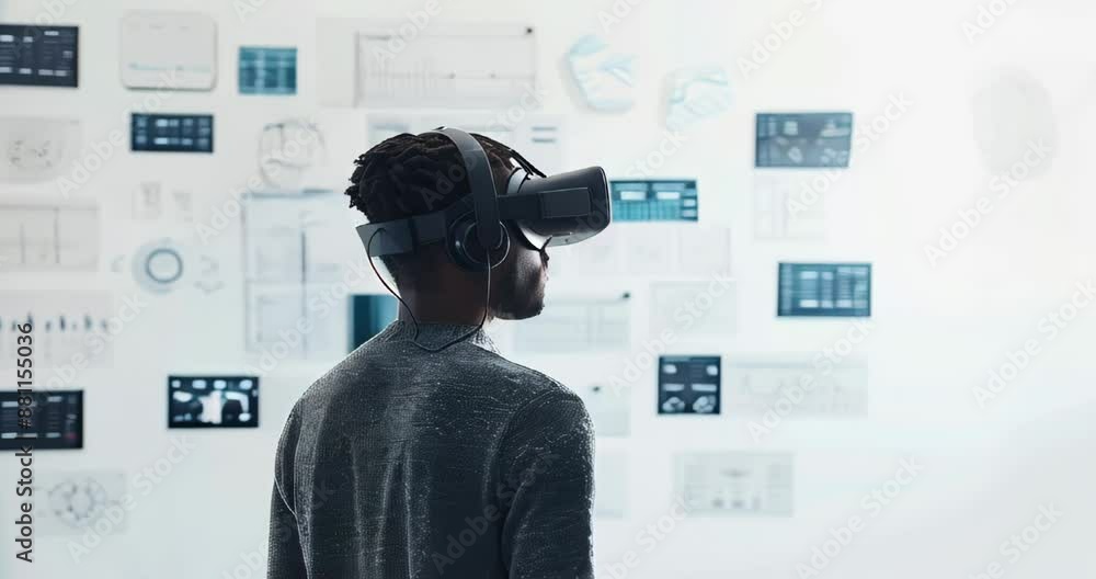 Researcher in VR headset surrounded by digital research survey ...