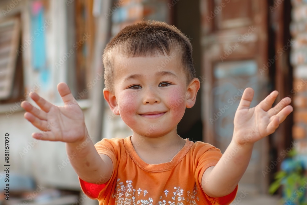 Boy joyful mood expressing emotions raised hands. Cheerful boy showing ...