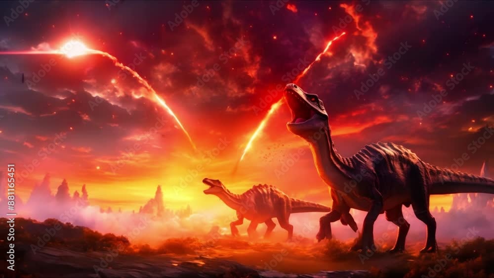 Dinosaurs flee as meteor impact causes fiery sky during extinction event. Concept Dinosaurs ...