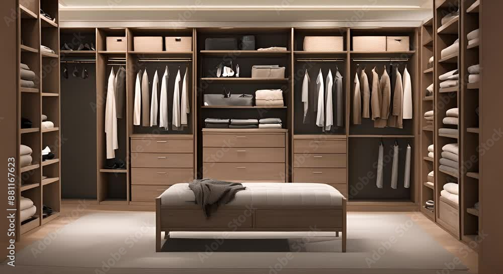 Contemporary wooden walk in closet with hidden lighting carpeted floor ...