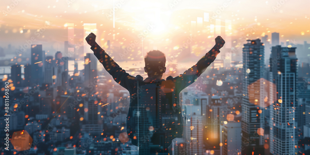 Employee celebrates success, arms raised in business professional ...