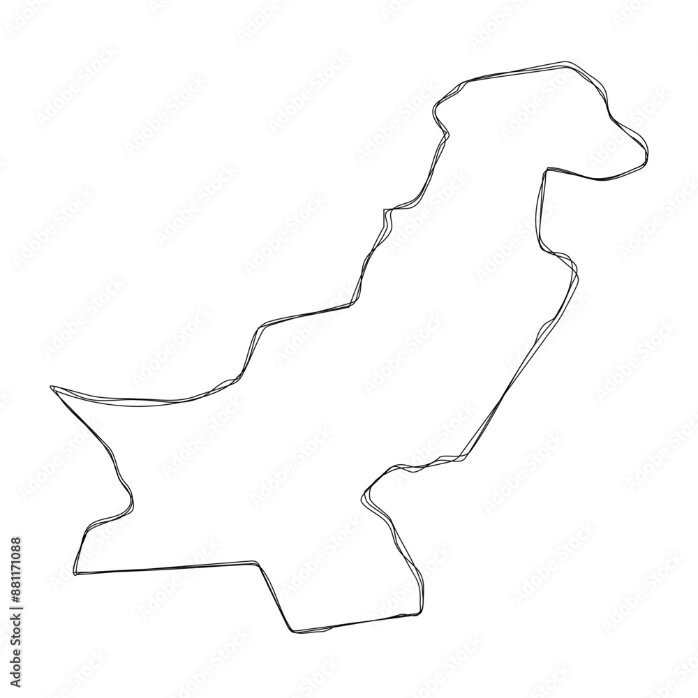 Pakistan country simplified map.Thin triple pencil sketch outline ...