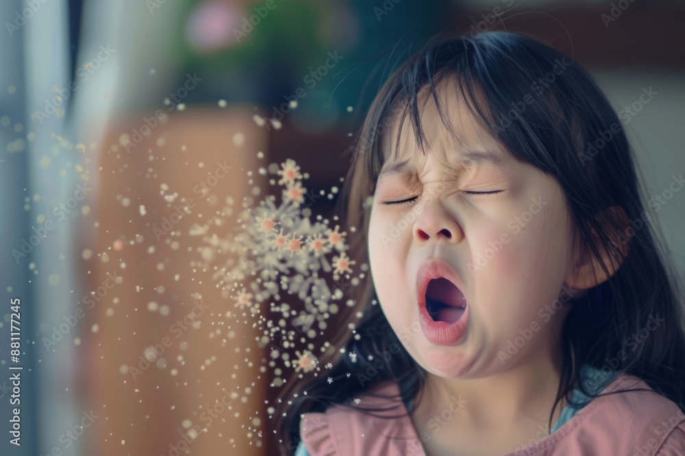Sickness and hygiene captured asian girl spreads germs sneezing. Asian ...