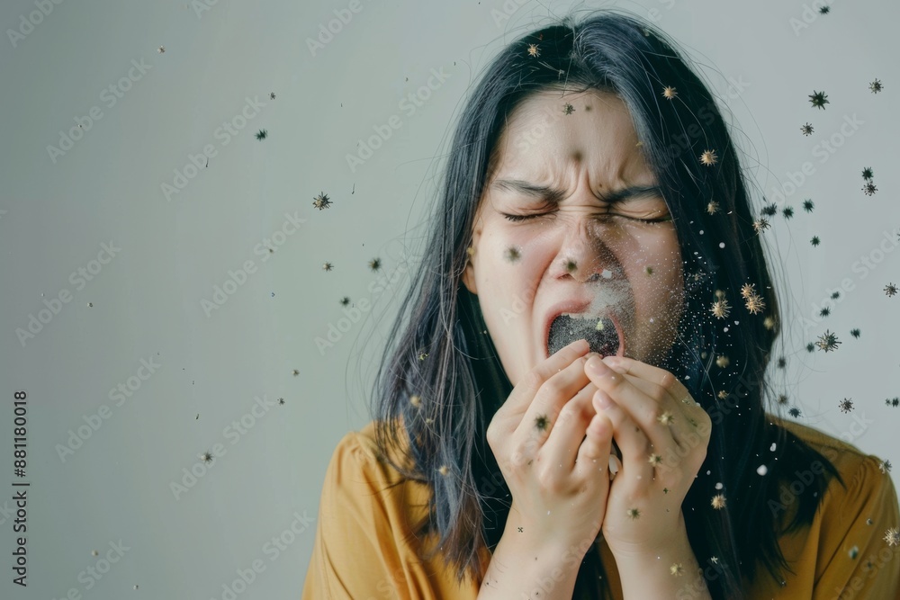 Young woman indoor setting sneezes vigorously spreading splashes ...