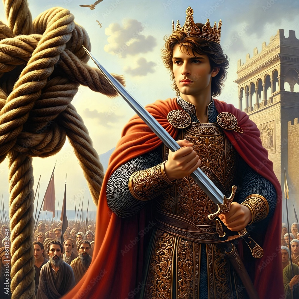 Alexander the Great, dressed in ornate armor, slices through Gordian ...