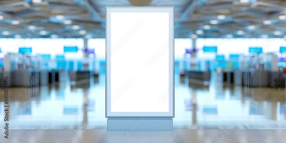 Mockup white banner displayed near check-in desks in a bustling airport ...