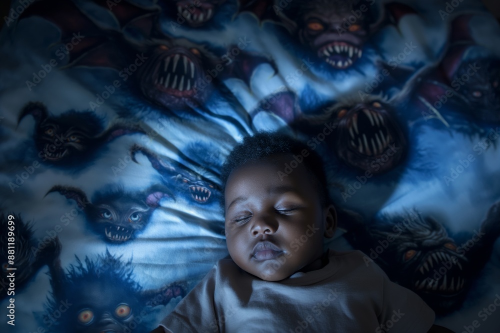 Sleeping boy bed is enveloped surreal nightmare scene. Ominous ...