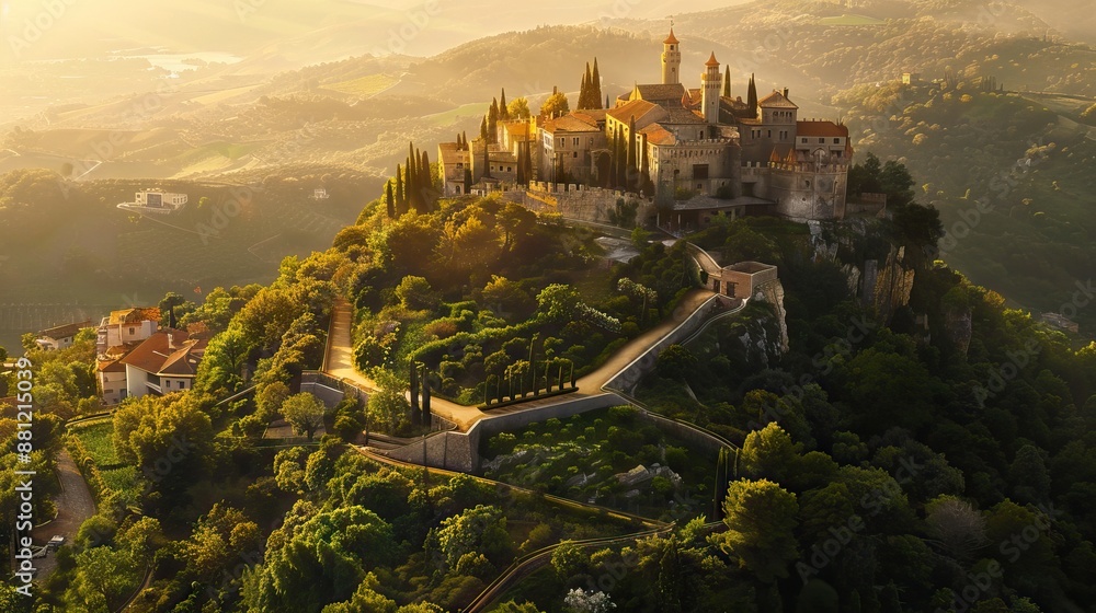 An aerial view captures the medieval Chojnik Castle atop a mountain in ...