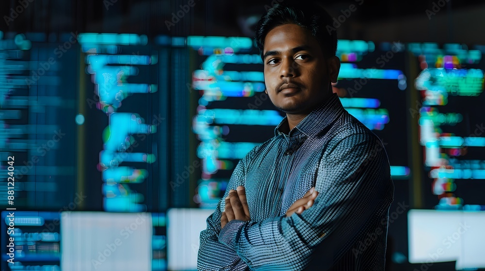 indian man programmer standing in front of a screen with code projected ...