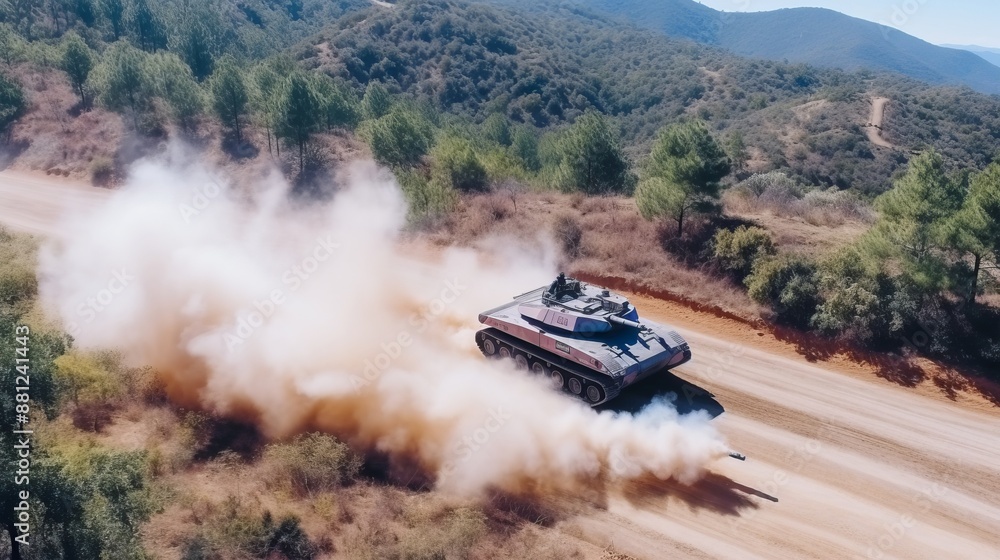 Aerial view of tank engaging in combat on the battlefield, firing at ...