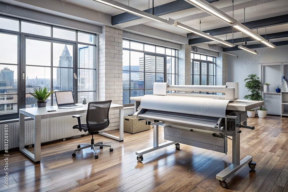 Large format plotter in modern engineering office, rolls of paper and ...