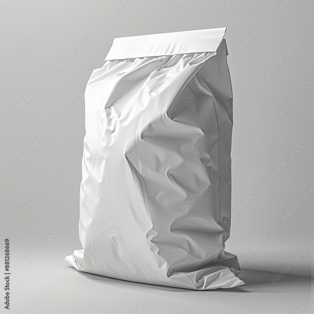 Create an image of a blank white industrial bag mockup side view. The ...