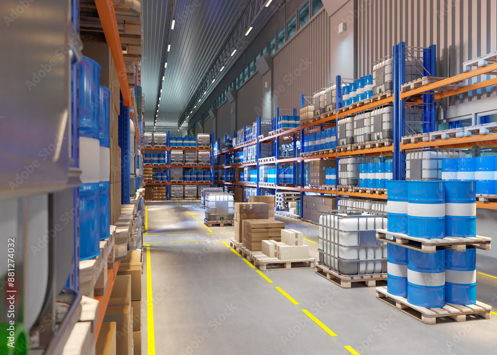 Warehouse with goods. Logistics center with barrels and boxes. Storage ...