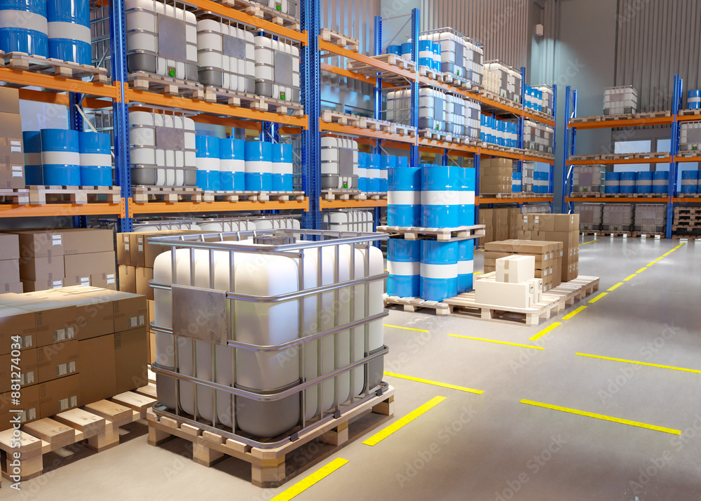IBC containers and barrels in warehouse. Chemical plant storage. IBC ...