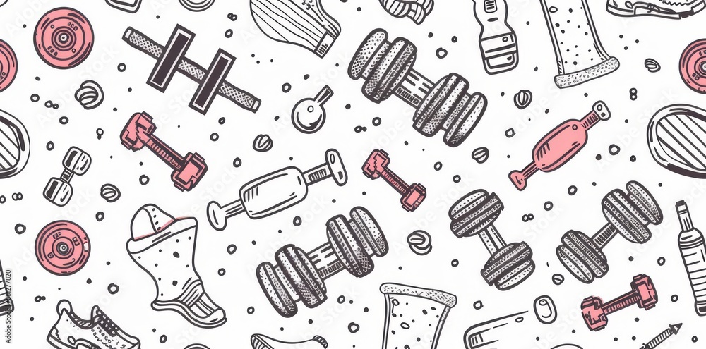 Gym sketch seamless pattern background. Hand drawn sketch doodle ...