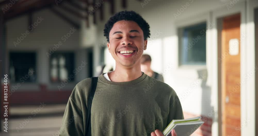 Smile, boy and face of student on high school with books for learning ...