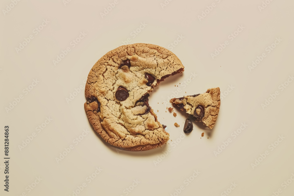 bitten chocolate chip cookie on a plain background for food themes ...
