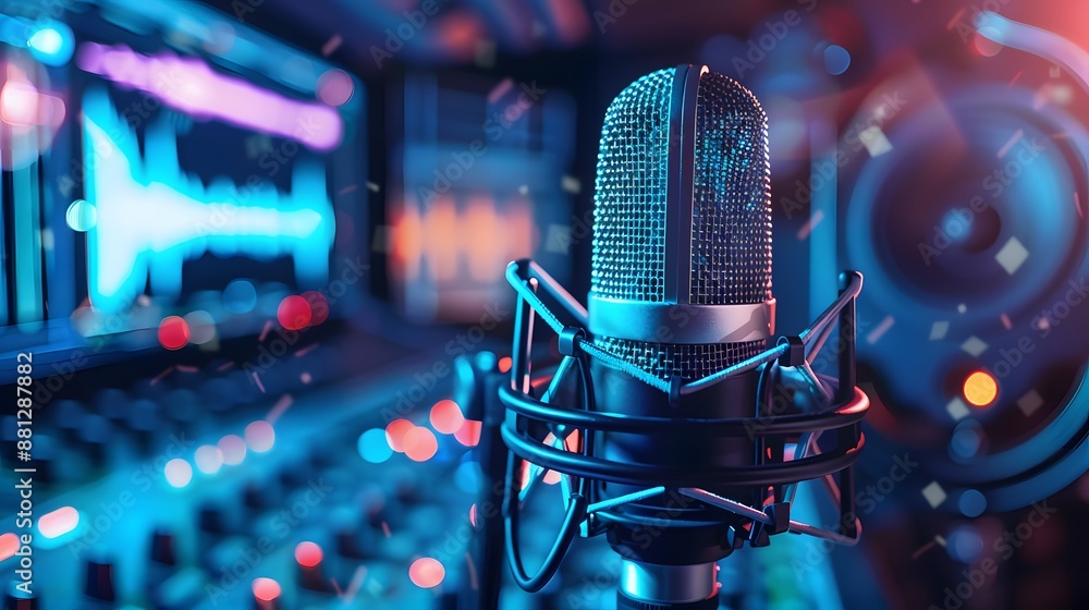 high-tech broadcasting microphone in an audio production setup with ... high-tech broadcasting microphone in an audio production setup with ...