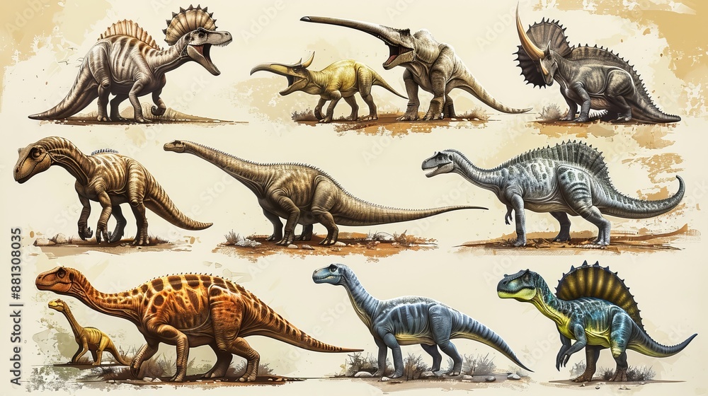 This image features realistic illustrations of different extinct ...