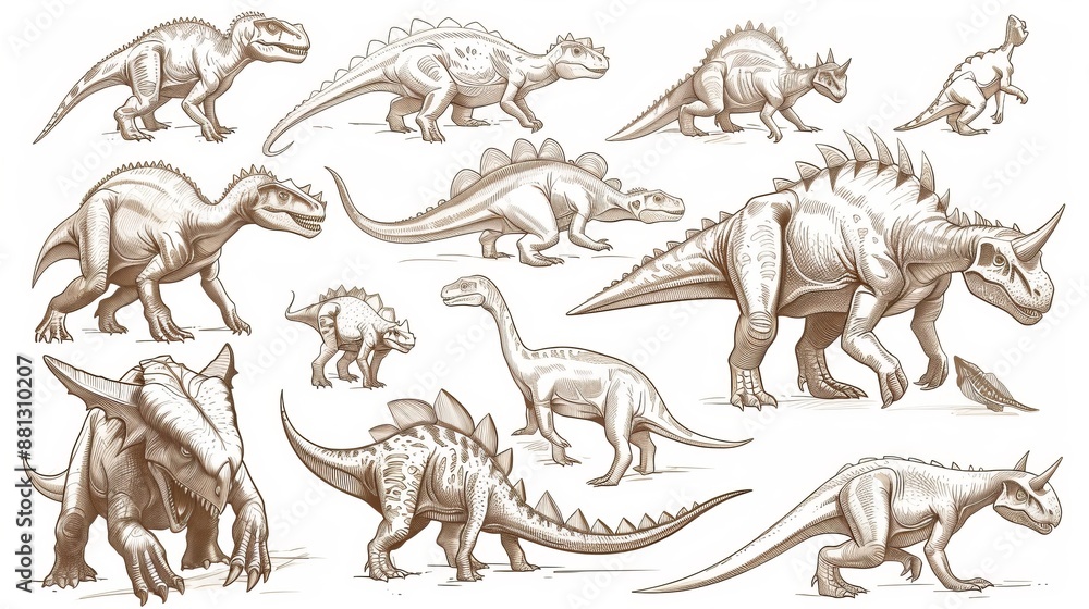 Detailed artistic sketches depicting various dinosaur species in ...