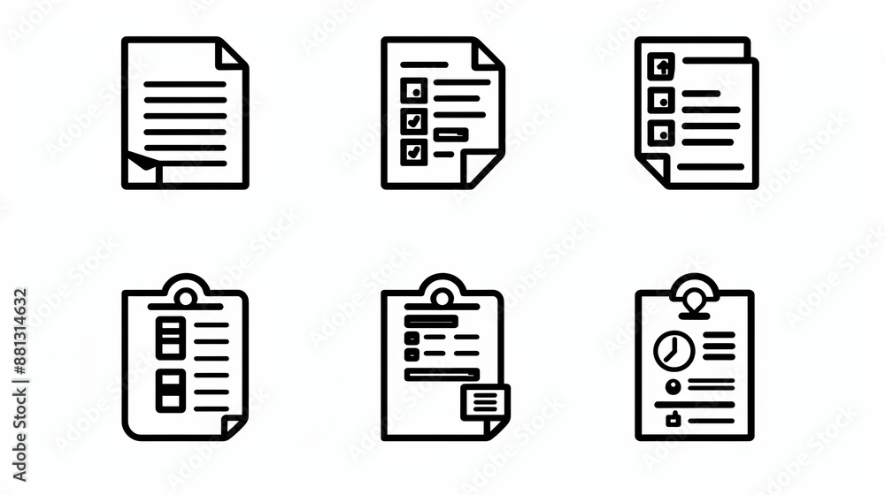 Outlined icons of various documents, including checklists and ...