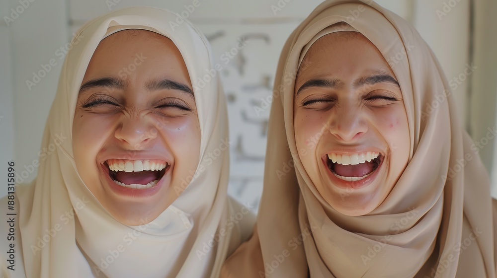 Two women wearing hijabs are seen laughing wholeheartedly, sharing a ...