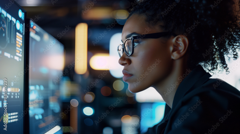 Foto de Cyber security artificial intelligence risks. Black female IT ...