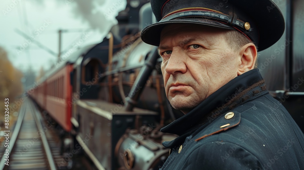 Focused train station worker in vintage uniform standing next to a ...