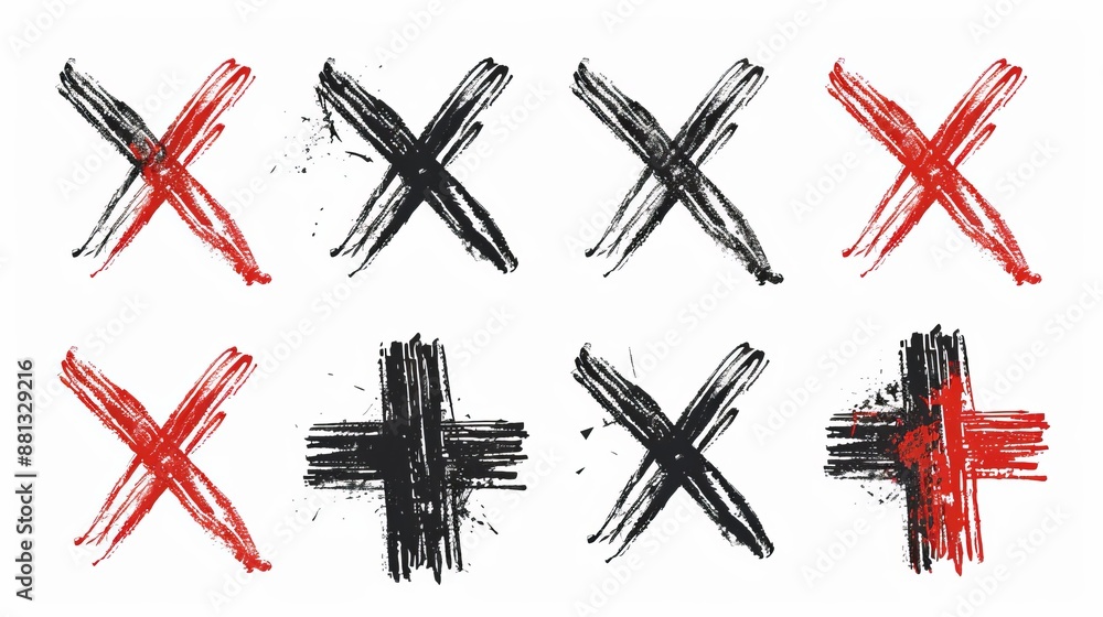 An artistic set of eight black and red brush stroke crosses on a white ...