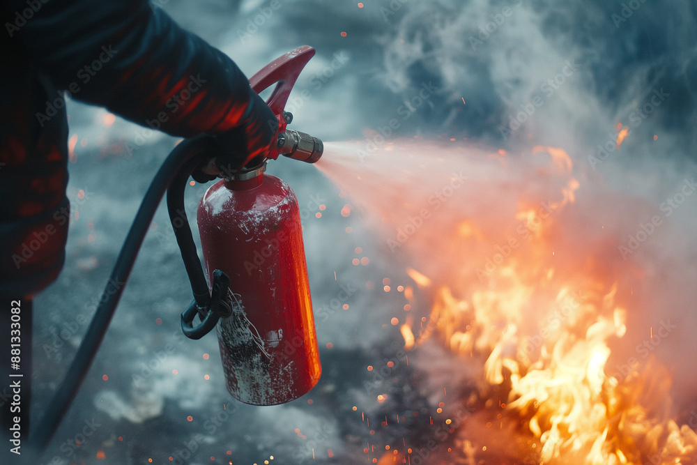 Man using fire extinguisher fighting fire closeup, put out a fire with ...