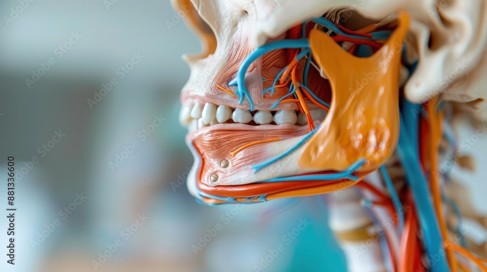 A comprehensive anatomical model highlighting the teeth, muscles, and ...