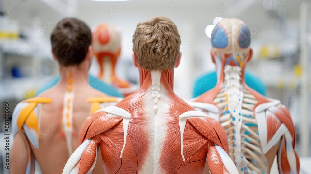 A highly detailed illustration of the human back anatomy, presenting ...